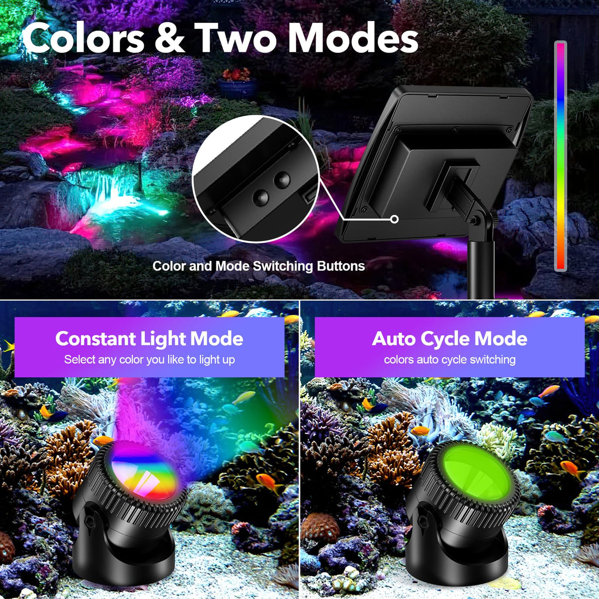 3-Head RGB Underwater Solar Pond Lights for Colorful Night Displays