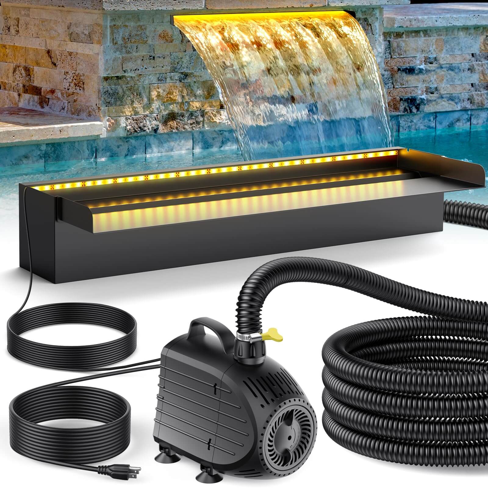 80W Outdoor Waterfall Kits with LED | 1200 GPH Waterfall Pump